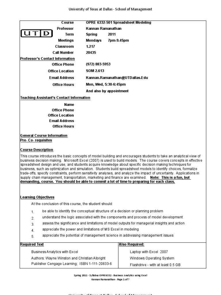 OPRE 6332 Business Analytics Syllabus | PDF | Academic Dishonesty ...