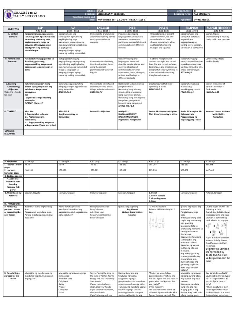 Grade 2 Daily Lesson Log Overview | PDF