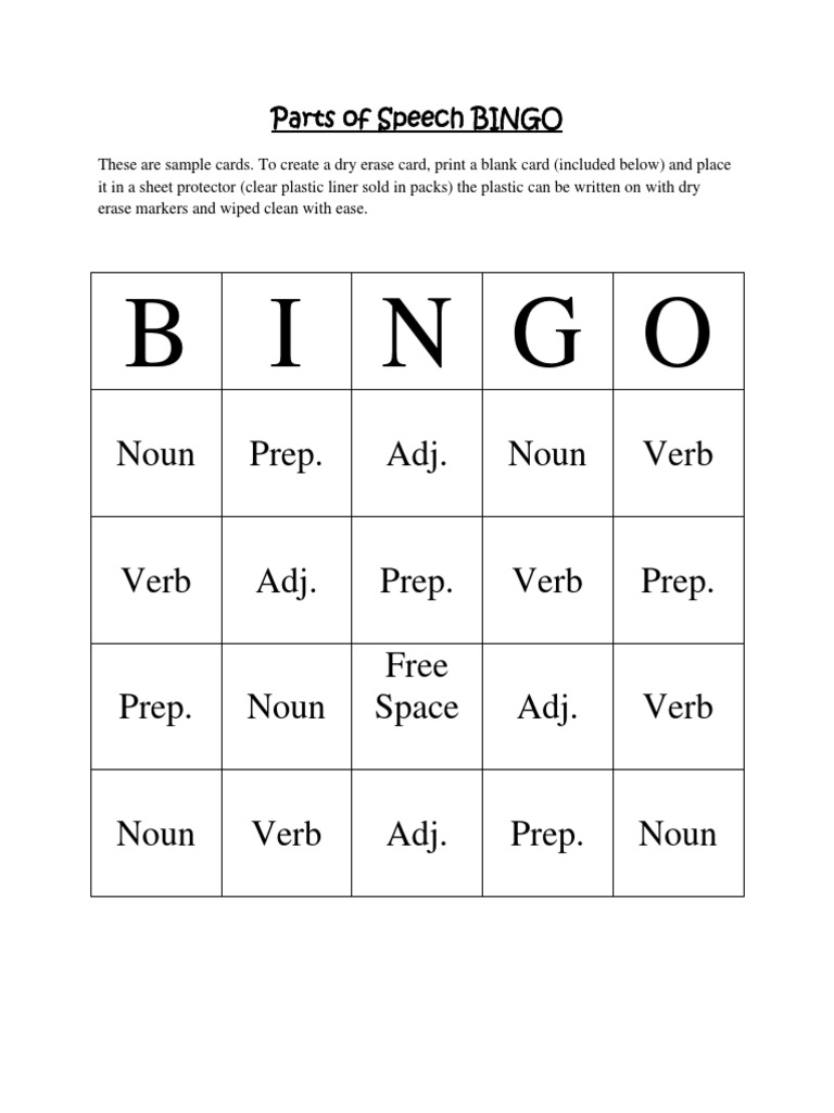 Parts of Speech Bingo Cards | PDF