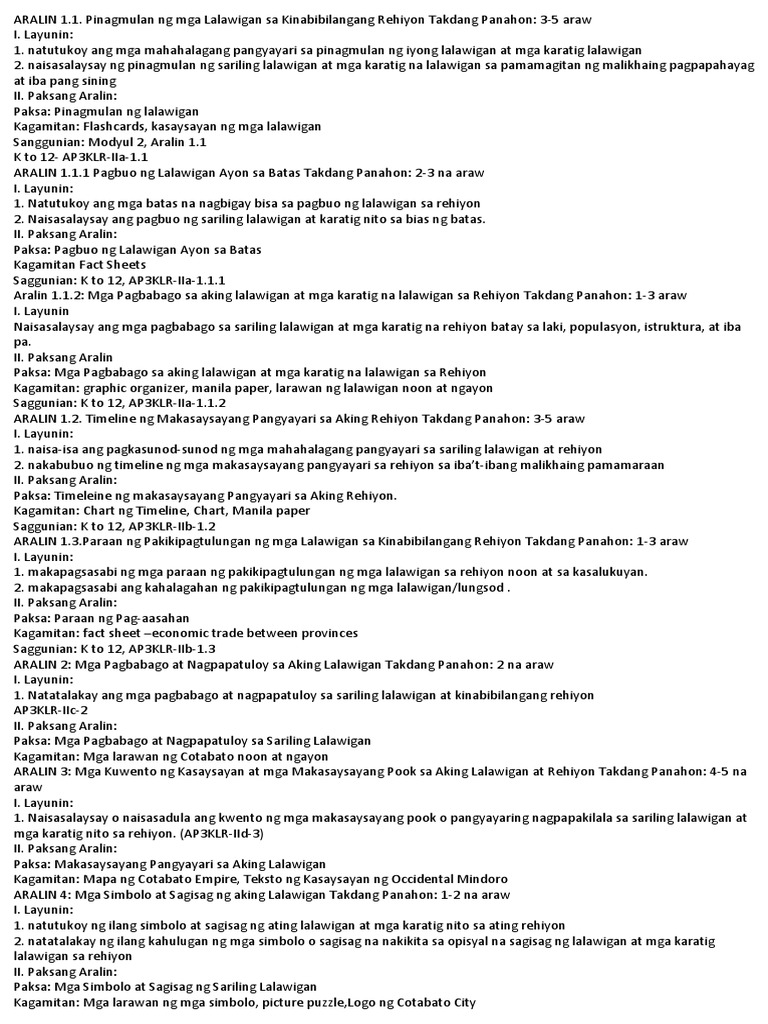 Layunin Bawat Aralin AP Yunit 2 | PDF