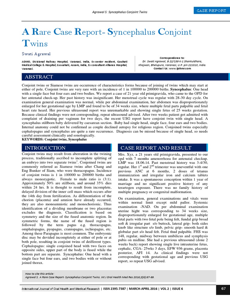 A Rare Case Report - Syncephalus Conjoint Twins | PDF | Conjoined Twins ...