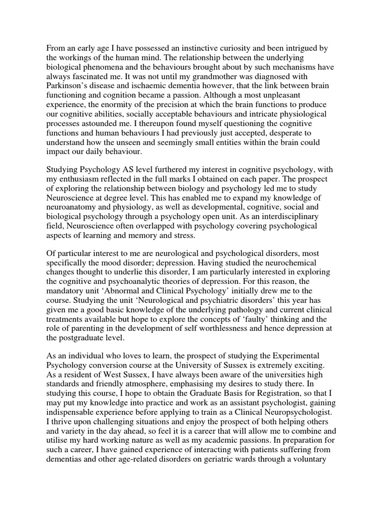 Example Personal Statement PDF | PDF | Mental Disorder | Neurology