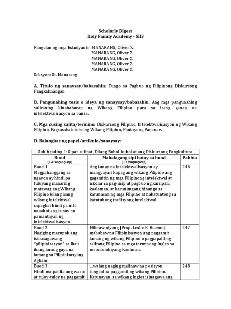 Sample Scholarly Digest SHS | PDF