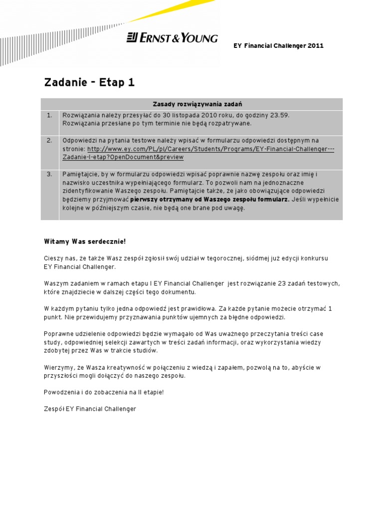 Zadanie EY Financial Challenger 2011 | PDF