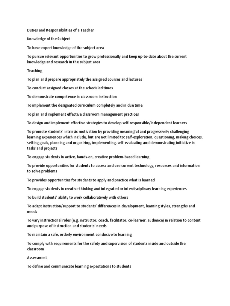 Duties and Responsibilities of A Teacher | PDF | Teachers | Educational ...