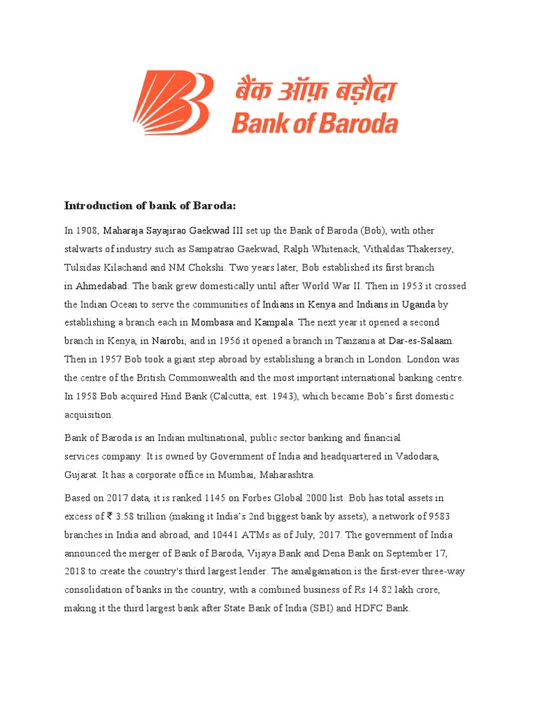 Introduction of Bank of Baroda PDF | PDF | Companies | Banking