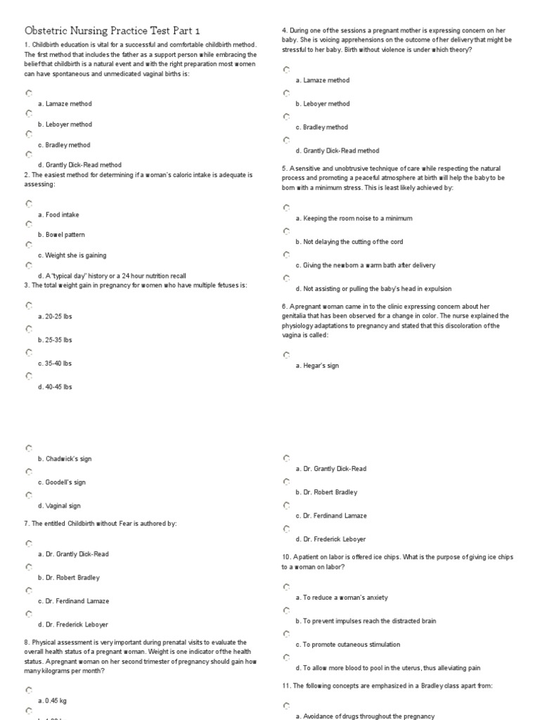 Obstetric Nursing Practice Test Part 1 | Childbirth | Candidiasis