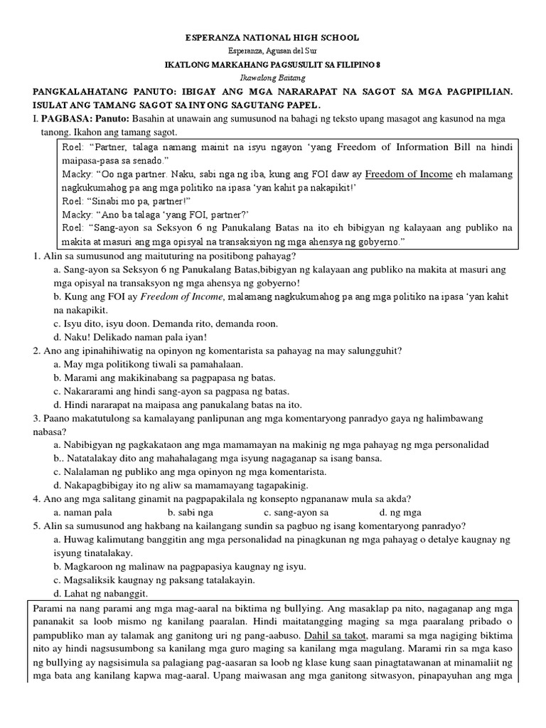 3rd Grading Test Paper in Fil 8 | PDF