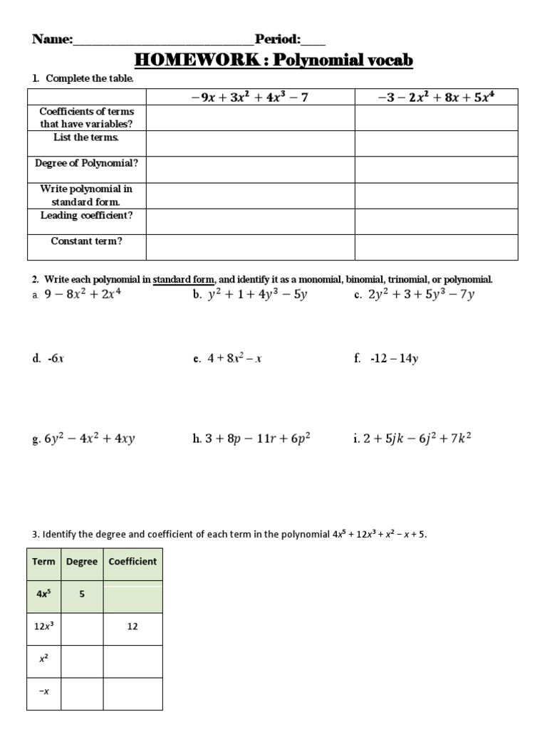 Polynomials Homework PDF | PDF | Language Arts & Discipline | Teaching ...