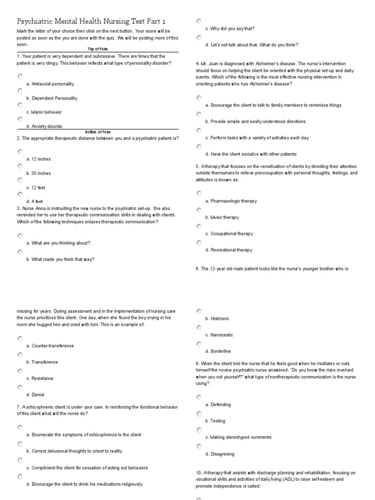 Psychiatric Nursing Quiz Overview Pdf Antisocial Personality