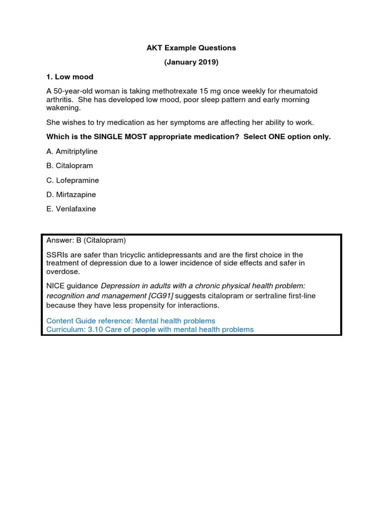 MCQs - AKT Sample Questions 2019 With Answers (MRCGP, 2019) PDF | PDF ...