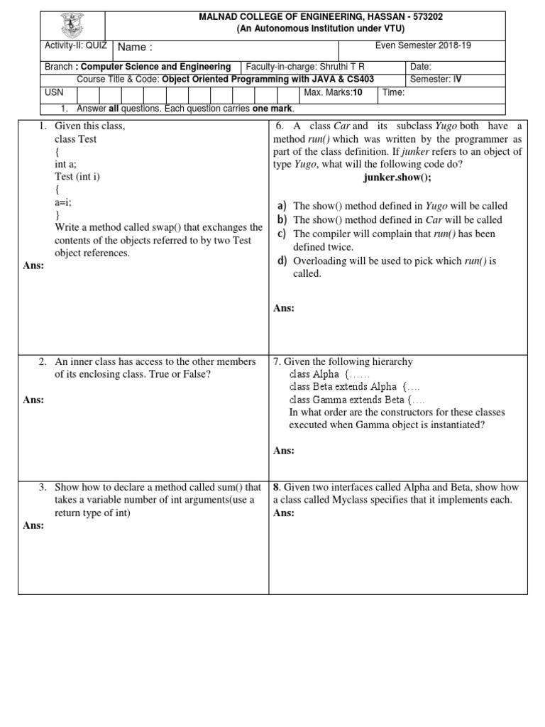 Oopj Quiz Pdf Class Computer Programming Method Computer Programming