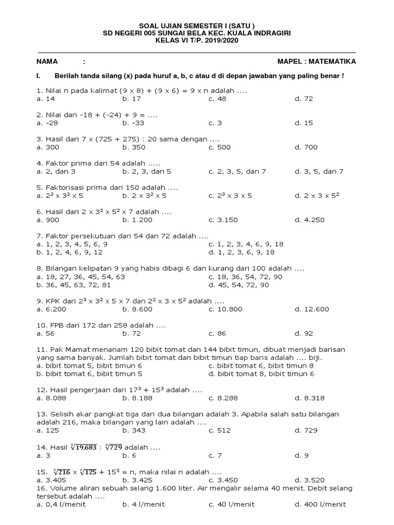 Soal Ujian Matematika Kelas 6 SD 2019/2020 | PDF
