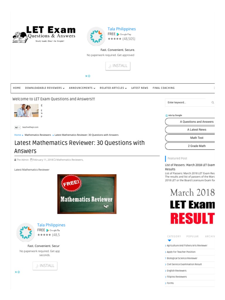 Latest Mathematics Reviewer - 30 Questions With Answers - LET EXAM ...