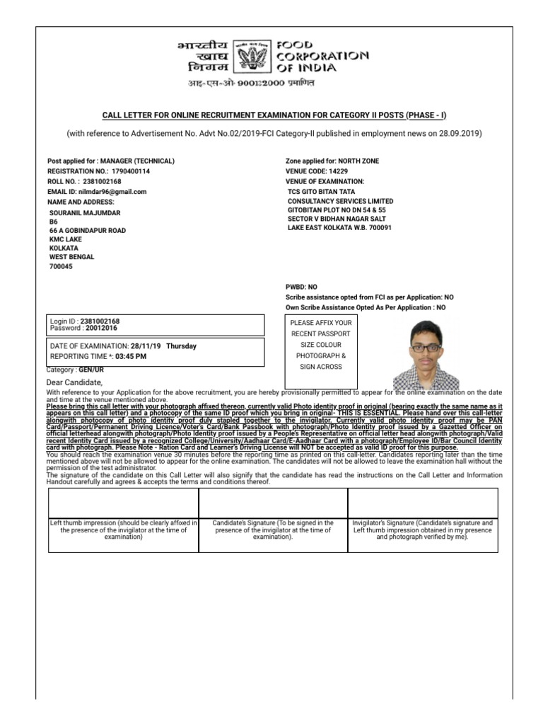 FCI Exam Admit Card | PDF | Identity Document | Driver's License
