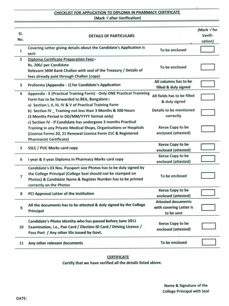 D.Pharm Certificate Application - Checklist | PDF