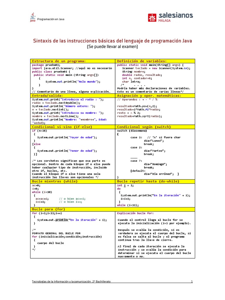 Sintaxis Instruciones Basicas Java PDF | PDF | Flujo de control ...