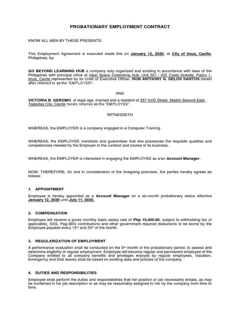 Probationary Employment Contract | PDF | Trade Secret | Employment