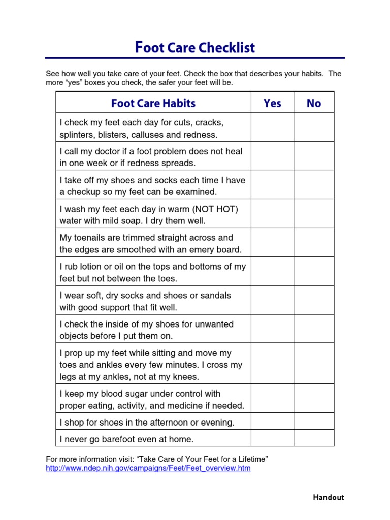 Diabetic Foot Care Checklist | PDF | Shoe | Foot