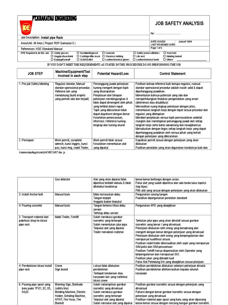 JSA Install Pipe Rack | PDF
