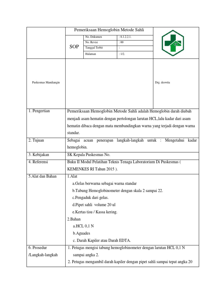 Pemeriksaan Hemoglobin Metode Sahli | PDF