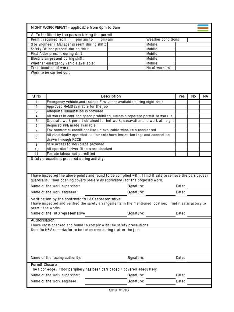 Night Work Permit for Site Engineers Outlining Safety Procedures and ...