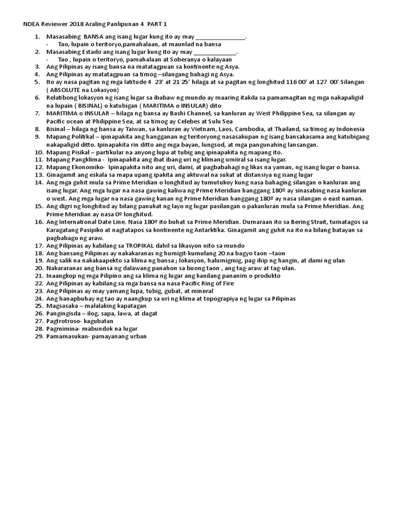 NDEA Reviewer 2018 Araling Panlipunan 4 | PDF