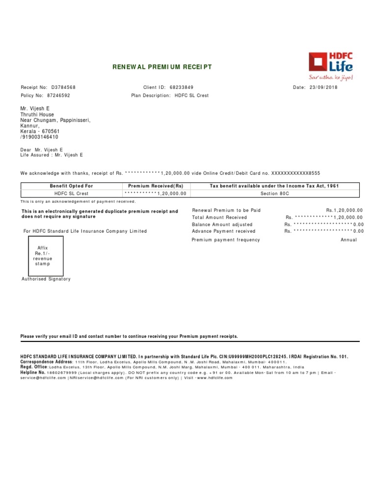 HDFC SL Crest Receipt For 2018 For Tax Purpose Vijesh | PDF
