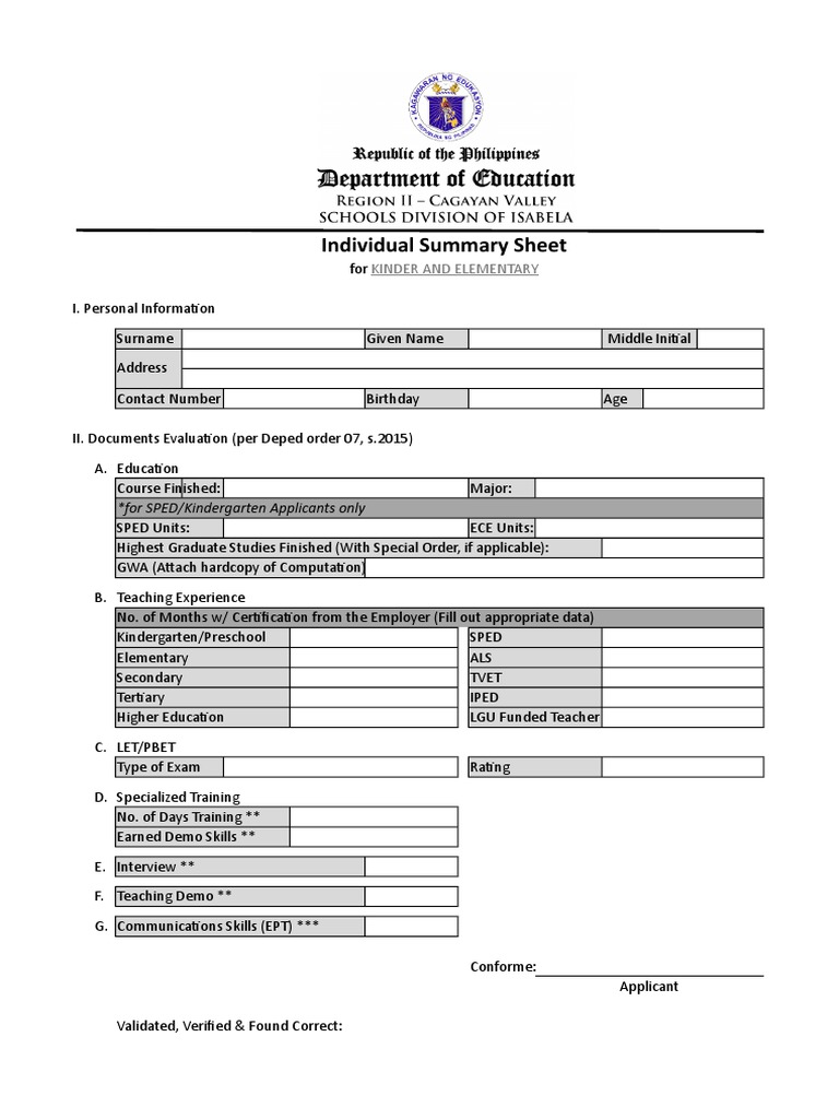 Individual Summary Sheet | PDF | Kindergarten | Test (Assessment)