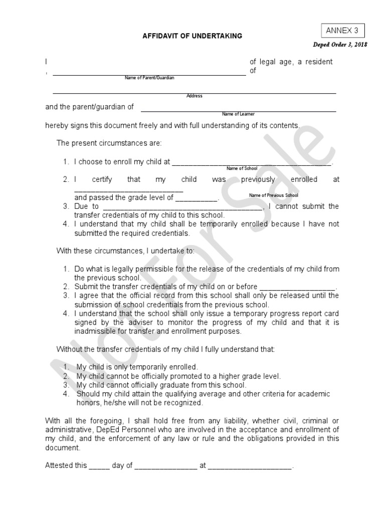 Annex 3 Affidavit of Undertaking DO 3 2018 | PDF | Credential | Legal Guardian