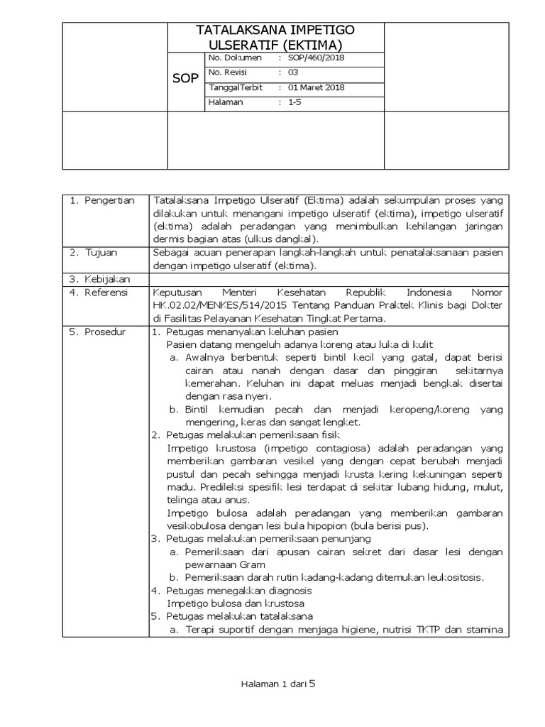 Sop Tatalaksana Impetigo Ulseratif (Ektima) | PDF