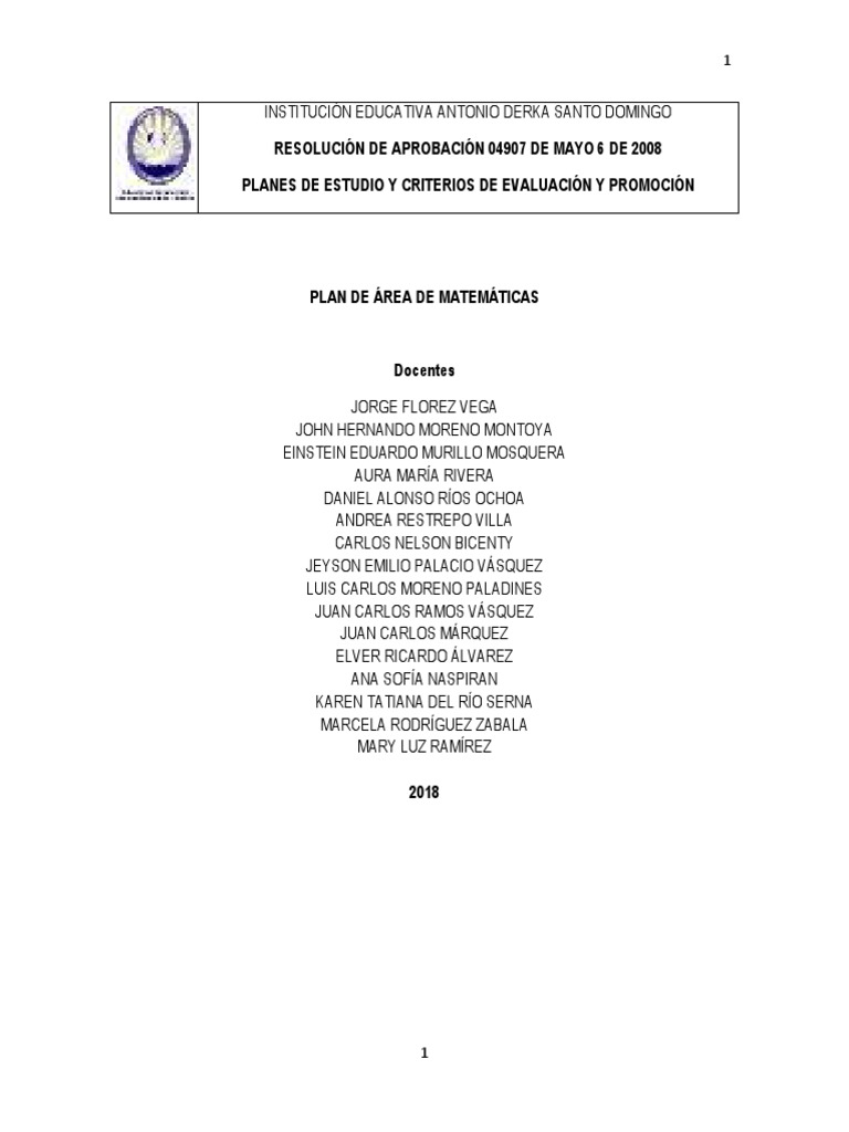 Plan de Rea Matematicas 2018 1 | PDF | Evaluación | Plan de estudios