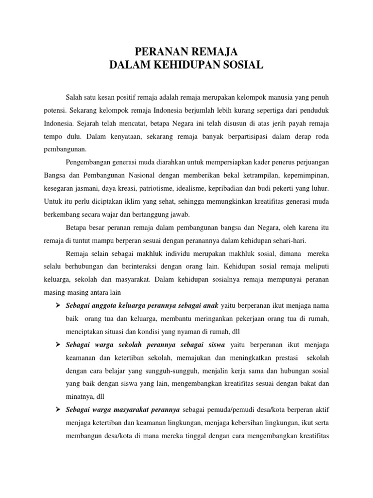 Peranan Remaja Dalam Kehidupan Sosial | PDF | Pengembangan Diri ...