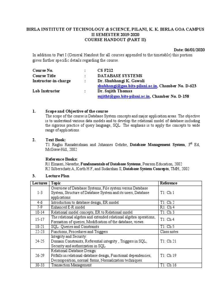 An In-Depth Exploration of the Database Systems Course at BITS Pilani, Including Learning ...