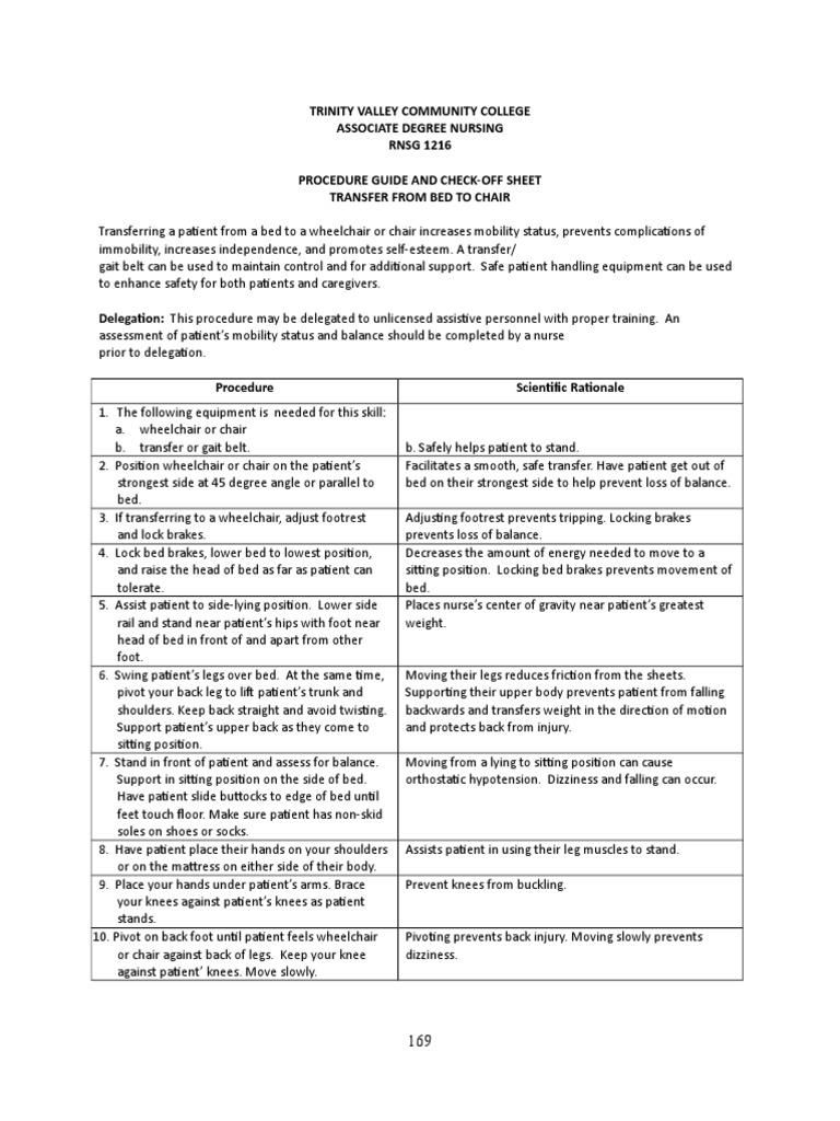 Performance Checklist - Transfer From Bed To Chair | PDF | Wheelchair ...