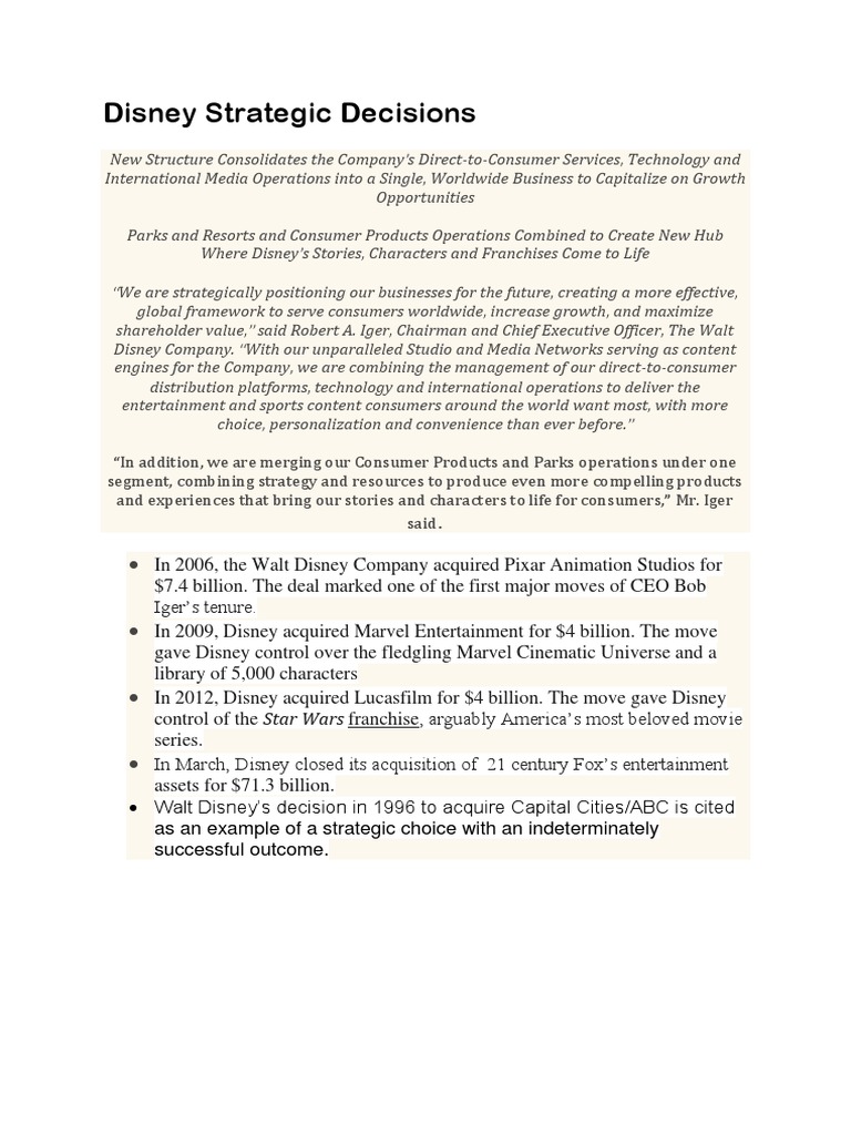 Disney Strategic Decisions | PDF | The Walt Disney Company | Walt Disney