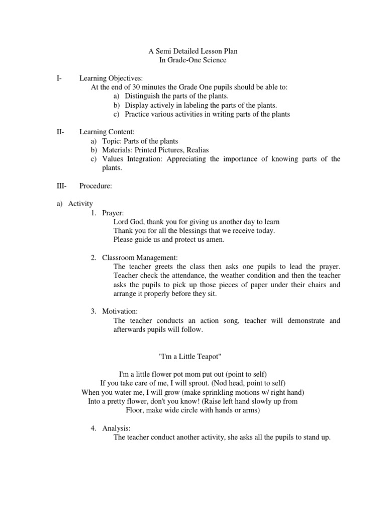 A Semi Detailed Lesson Plan in Grade-One | PDF | Lesson Plan ...