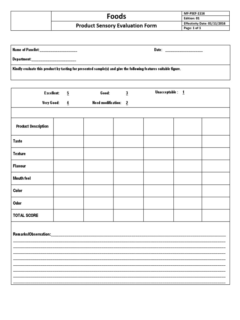 Product Sensory Evaluation FORM (MF-PSEF-1116) | PDF | Senses | Food ...