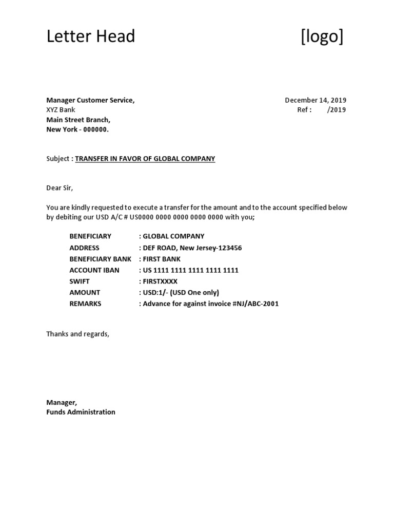 Bank Transfer Letter | PDF