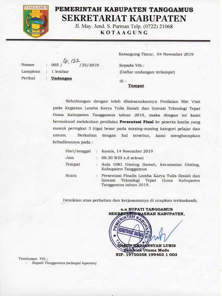 SUrat Undangan Presentasi Final Lomba TTG | PDF