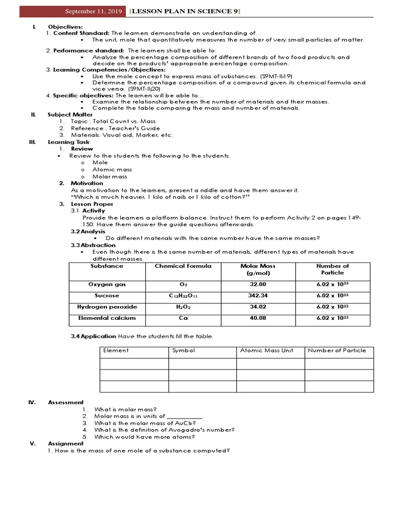Grade 9 Total Count Vs Mass | PDF | Mole (Unit) | Physical Sciences
