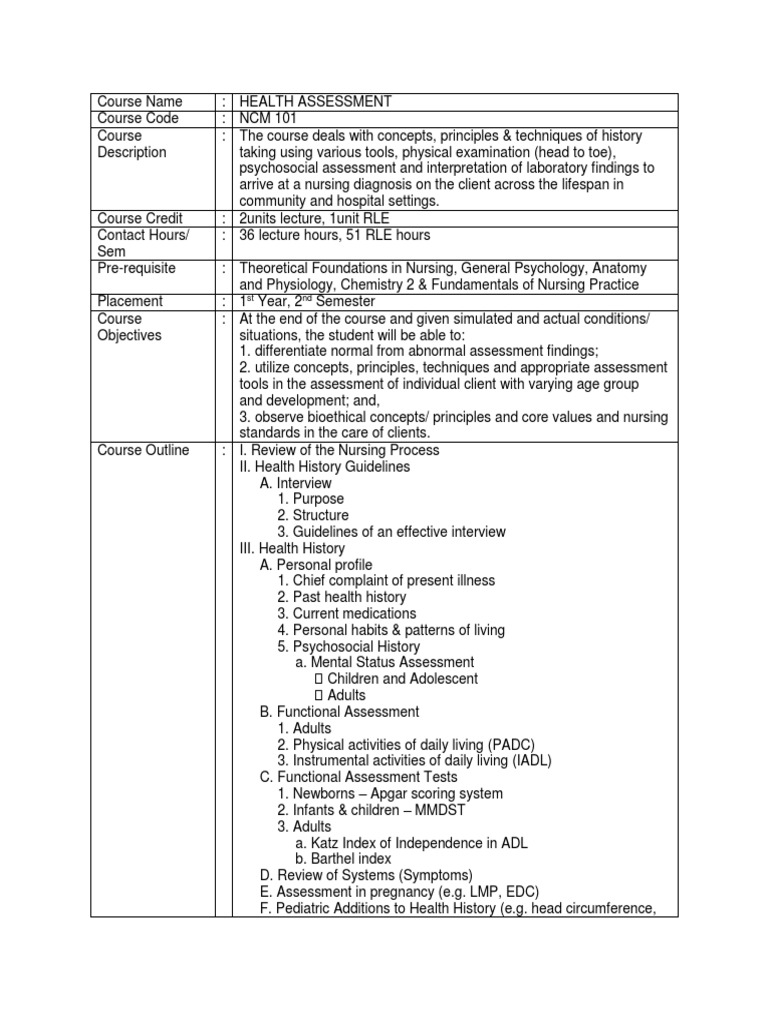 NCM 101: Health Assessment Syllabus | PDF | Physical Examination | Psychosocial
