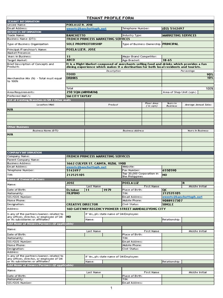 Tenant Profile Form for SM Taytay | PDF | Shopping Mall | Business