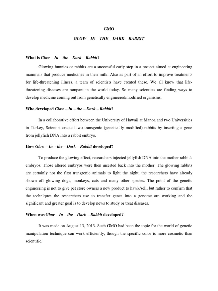 Glow in The Dark Rabbit | PDF | Genetically Modified Organism | Gene