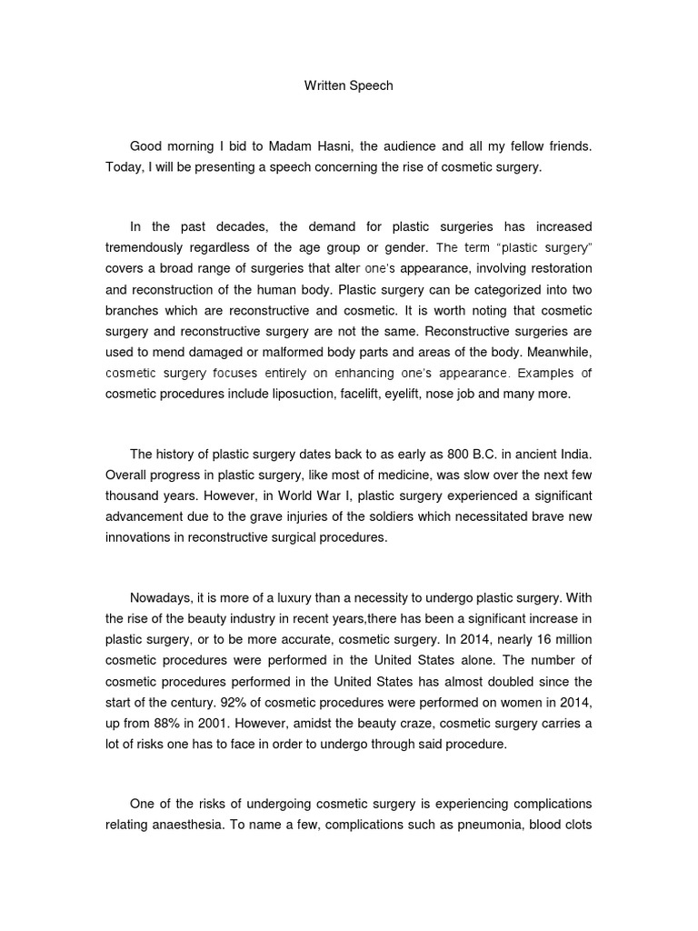 Speech On The Rise of Cosmetic Surgery. | PDF | Plastic Surgery | Surgery