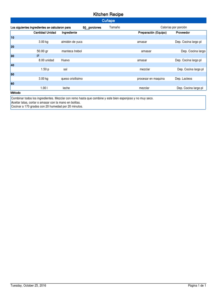 Receta de Cuñape para 50 porciones | PDF
