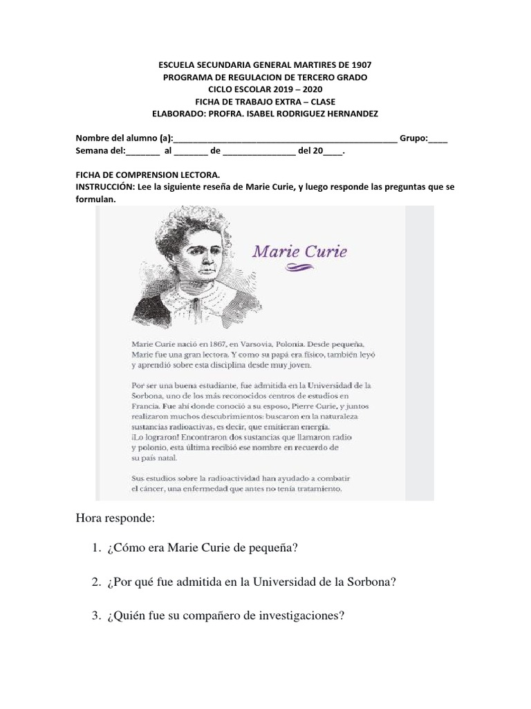 Marie Curie FICHAS DEL ALUMNO | PDF