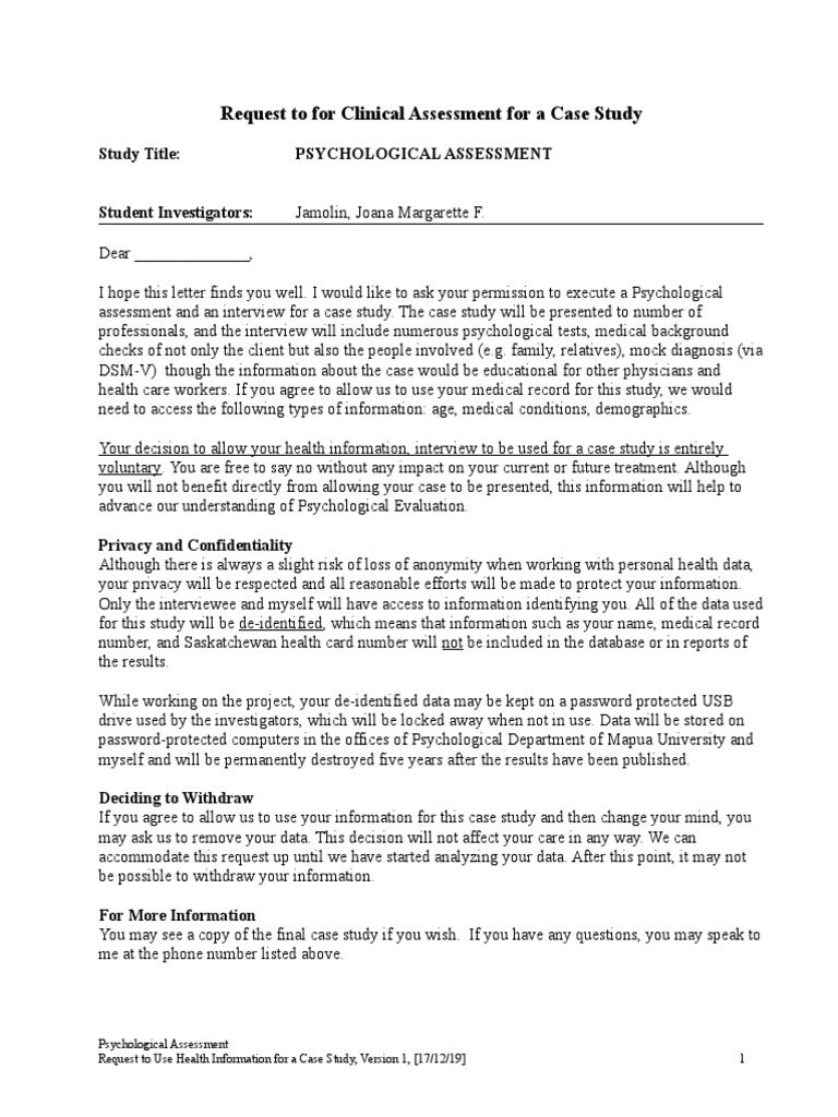 Psych Assesment Consent Form | PDF | Psychological Evaluation | Medical ...