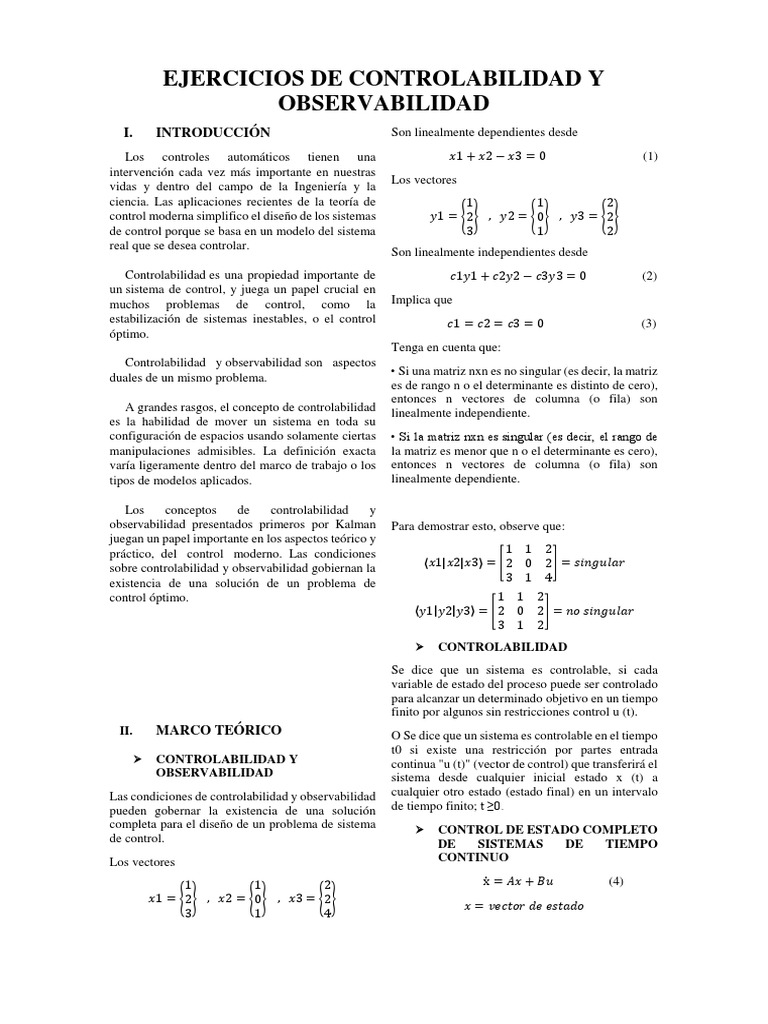Ejercicios de Controlabilidad y Observabilidad | PDF | Matriz ...