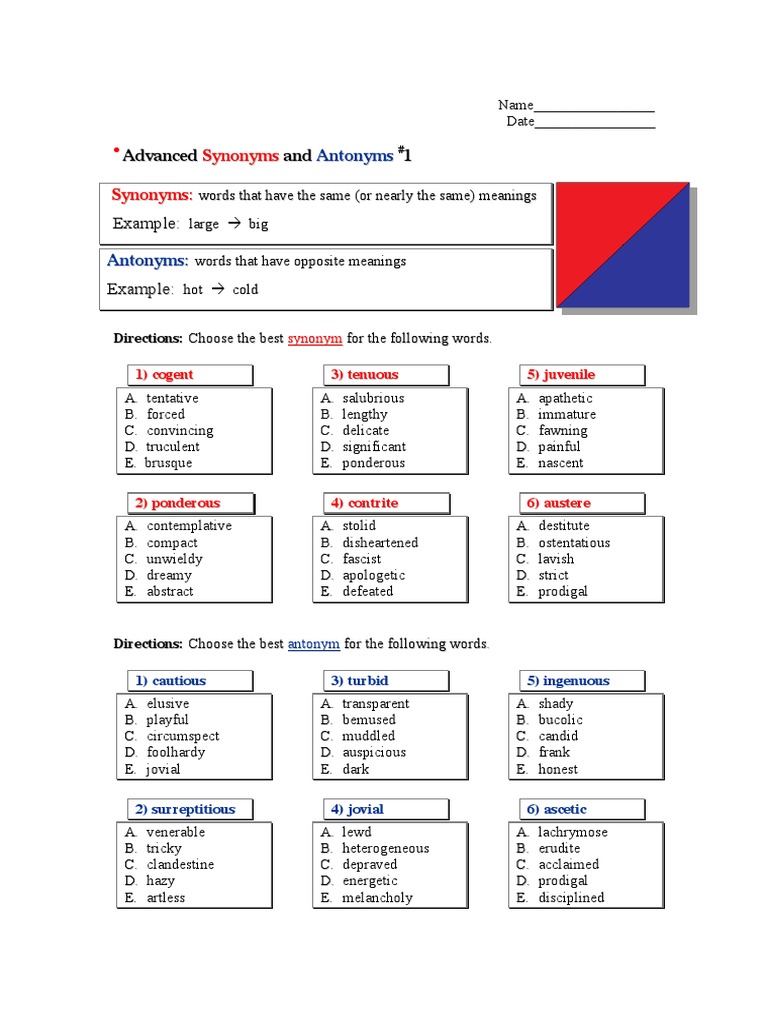 Antonyms and Synonyms WS | PDF | Lexical Semantics | Semantics
